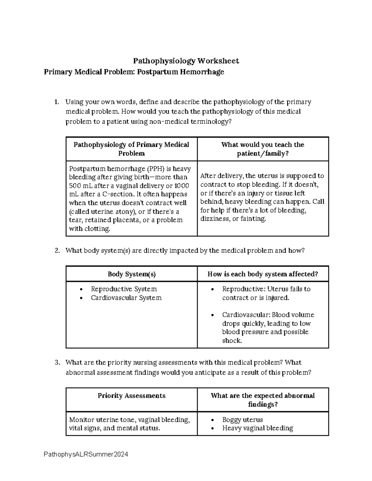 Unit 2 TTC Pathophysiology Worksheet: Understanding Postpartum ...