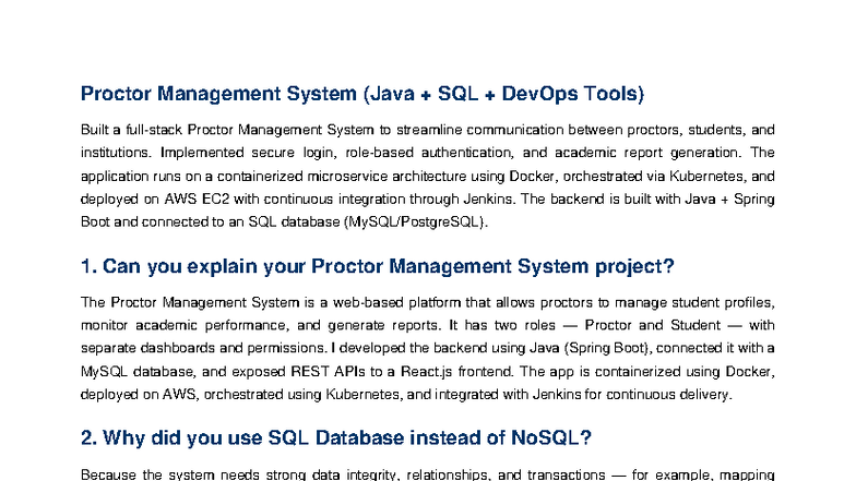 Proctor Management System (Java) Interview Q&A Guide - Studocu