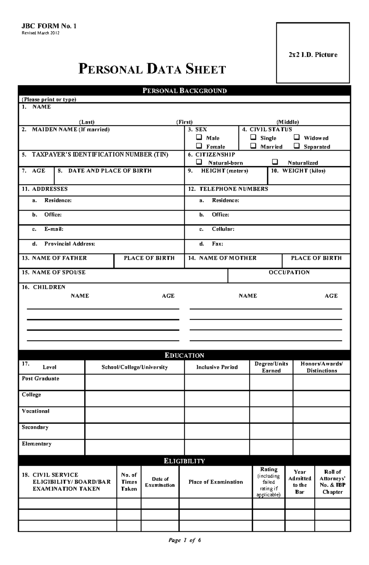 JBC FORM No. 1 - Personal Data Sheet for Judicial and Bar Council - Studocu