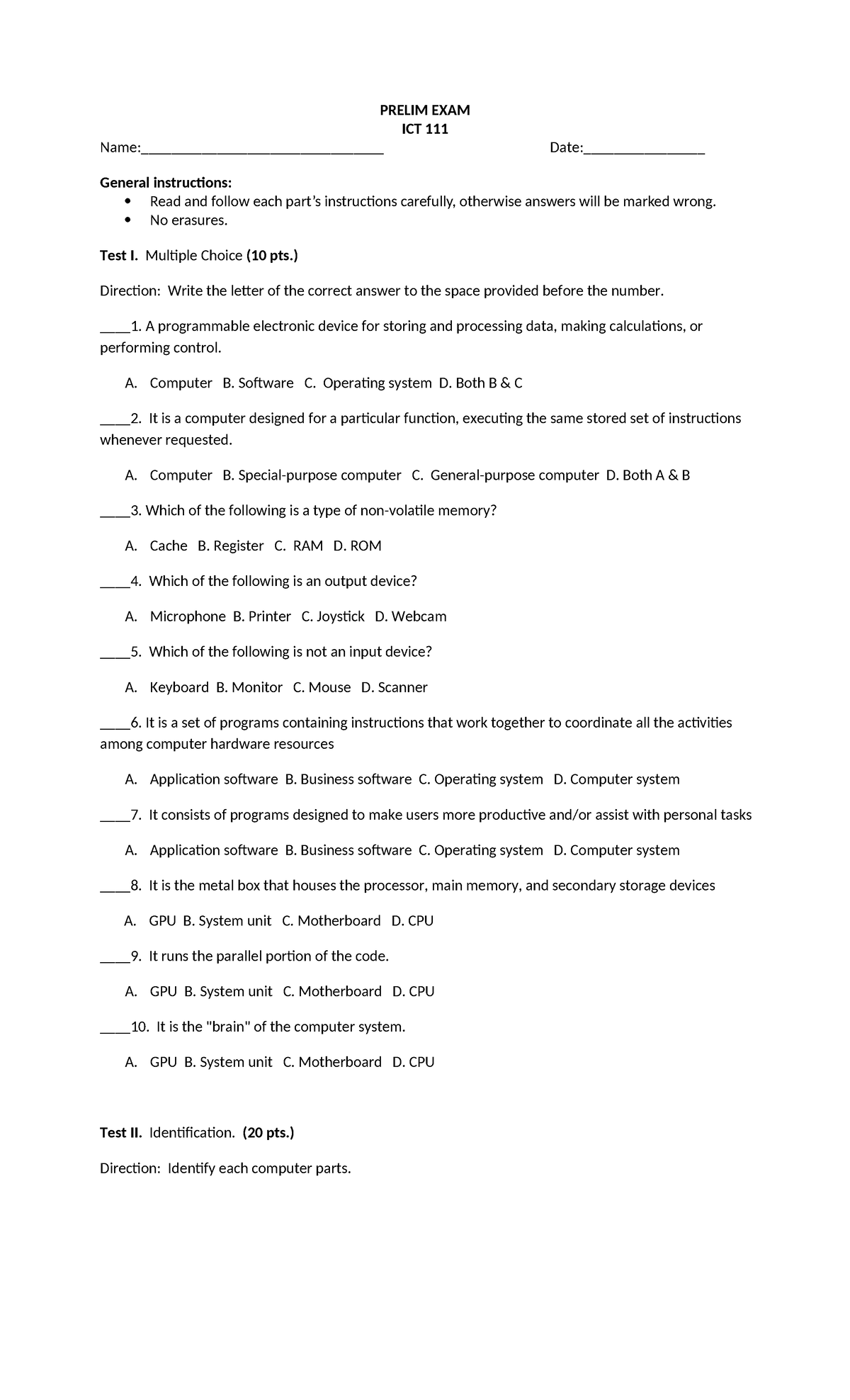 Prelim Exam Study Guide - ICT111: Computer Fundamentals - Studocu
