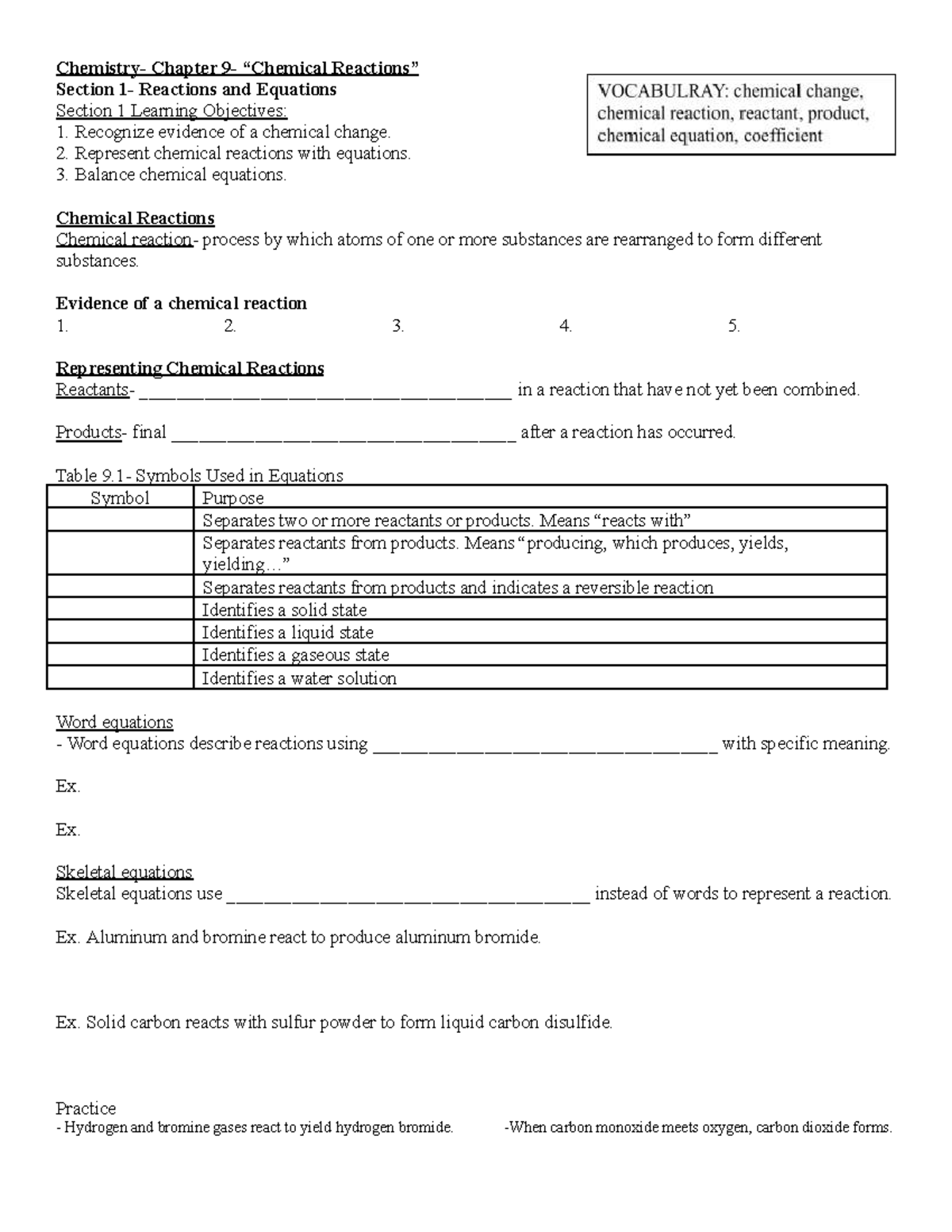Chemistry CH9 Guided Notes: Chemical Reactions & Equations Analysis ...