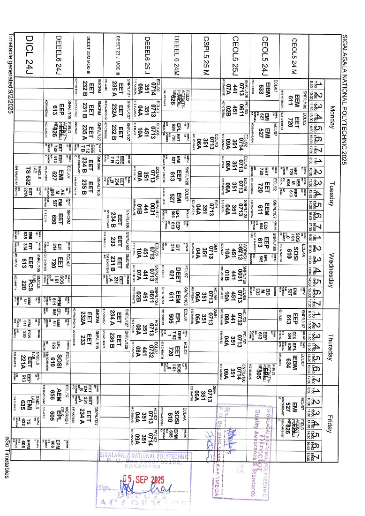 SIGALAGALA NATIONAL POLYTECHNIC 2025 Electrical Timetable - Studocu