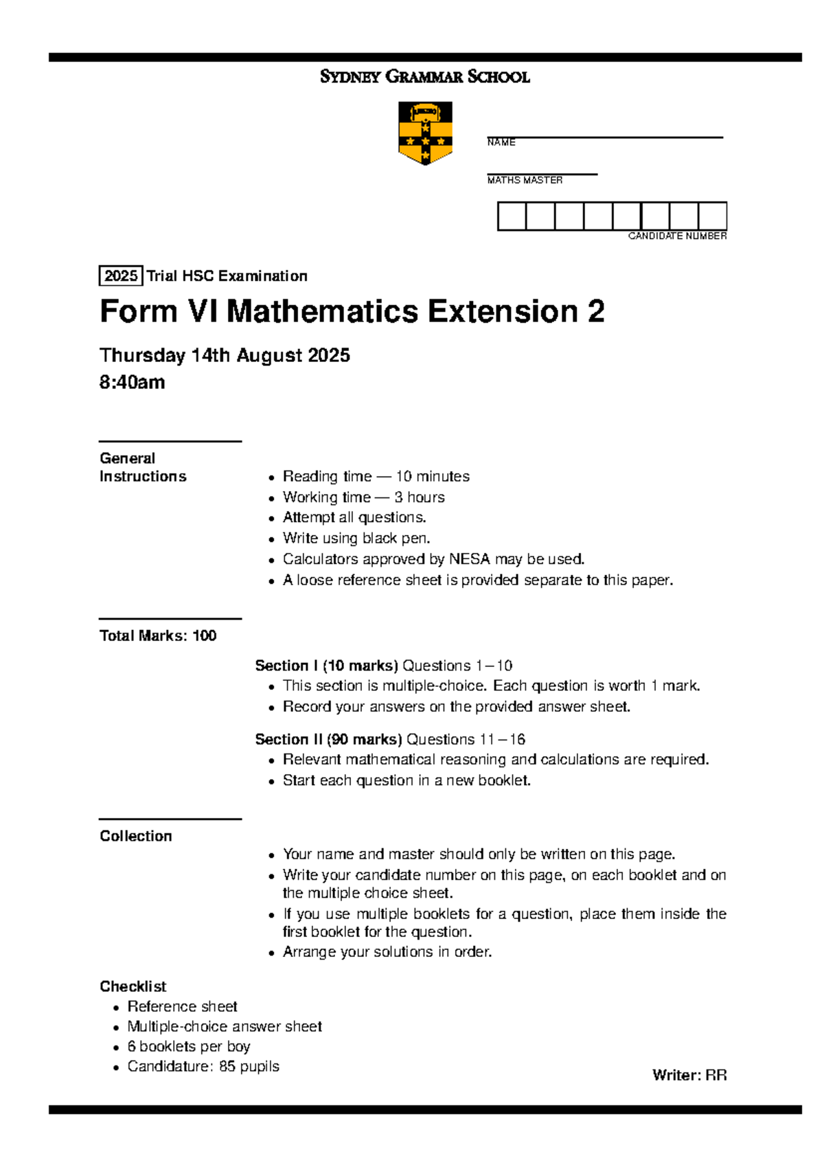 Form VI Mathematics Extension 2 Trial HSC Exam 2025 - Paper - Studocu