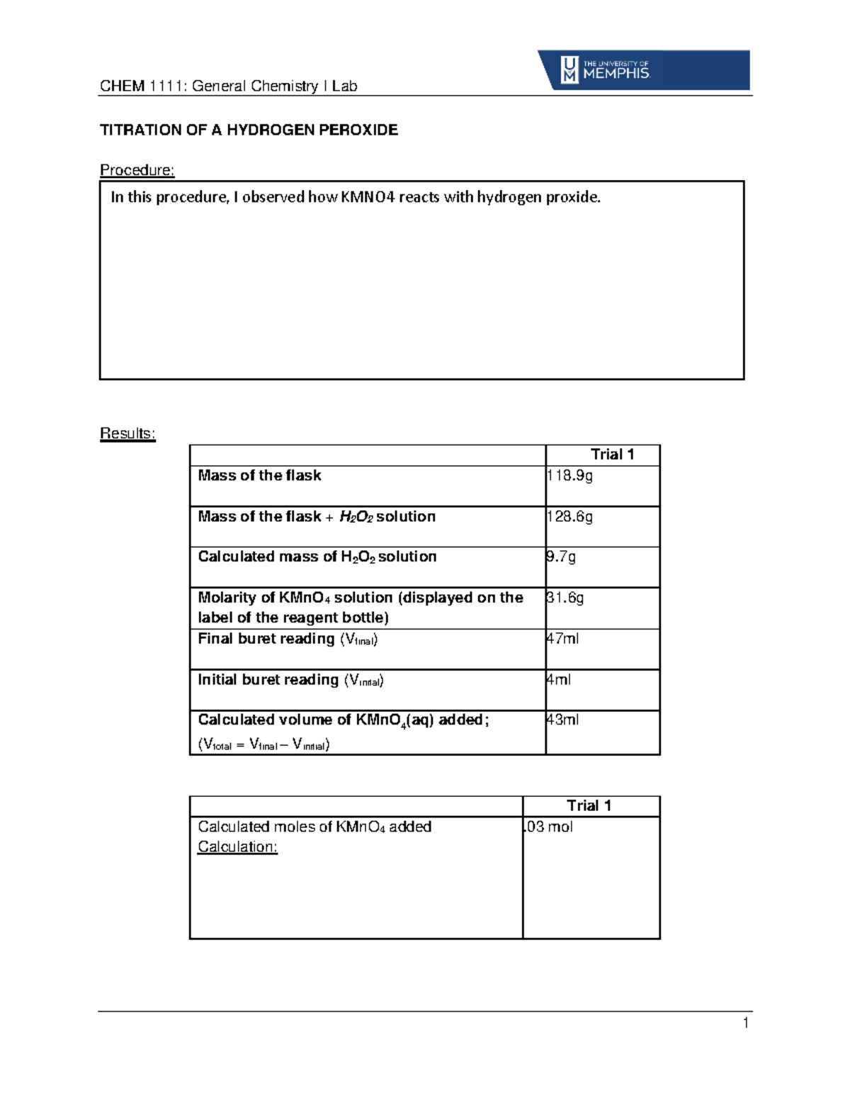 Exp 6. Titration of Hydrogen Peroxide Report FA21 - Deprecated API usage: The SVG back-end is no ...