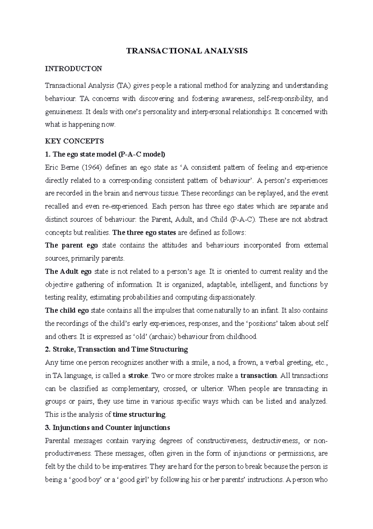 Transactional Analysis - TRANSACTIONAL ANALYSIS INTRODUCTON ...