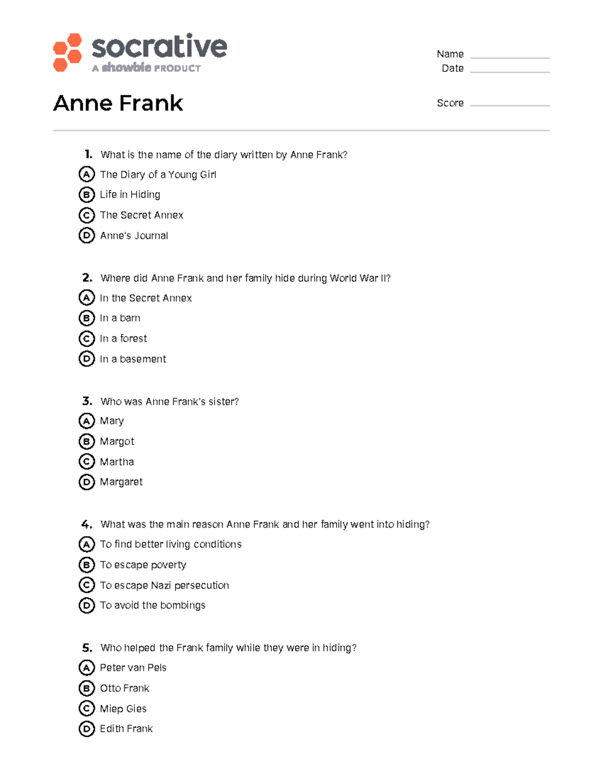 Quiz on Anne Frank: Key Facts and Insights - Studocu