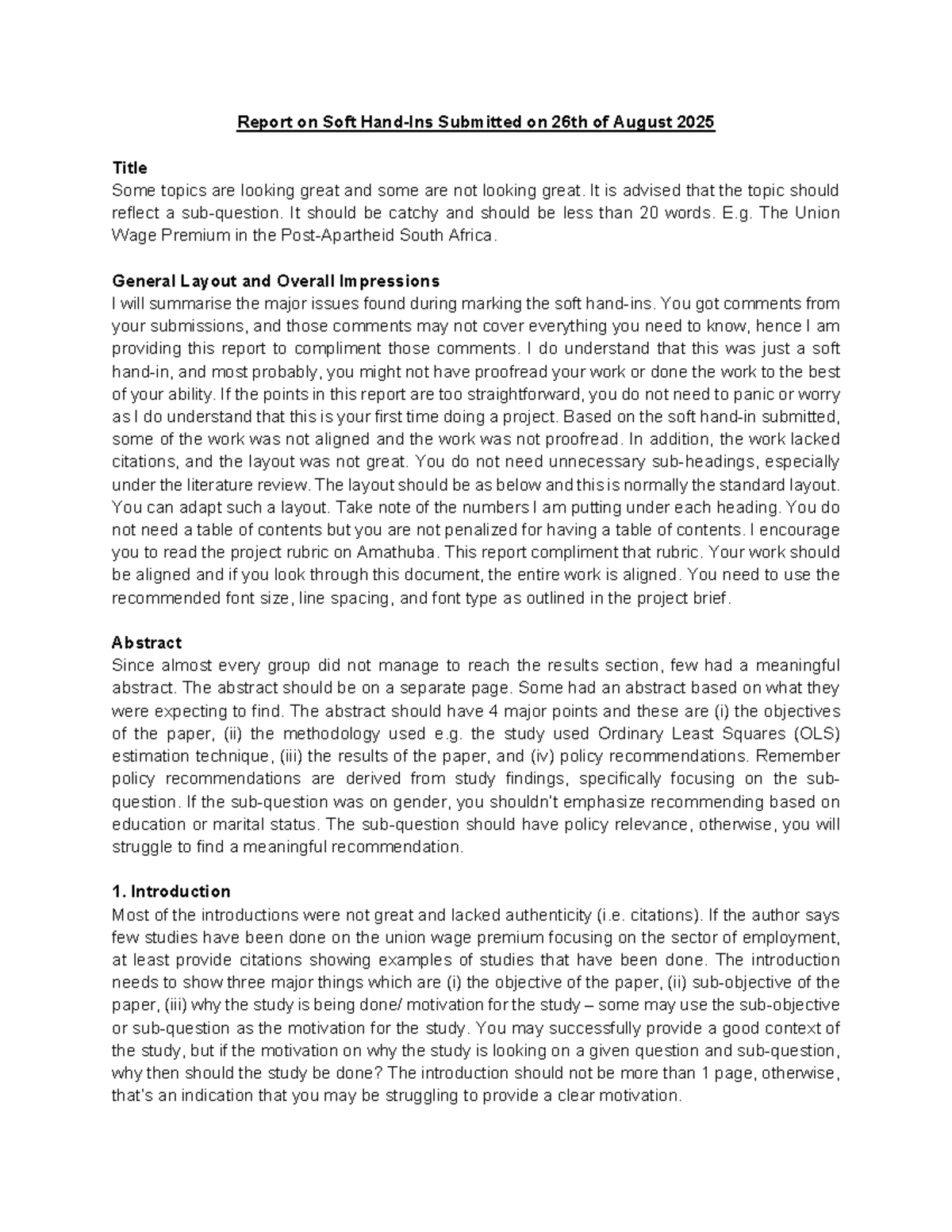 Report on ECO3021S Soft Hand-Ins: Feedback and Recommendations - Studocu