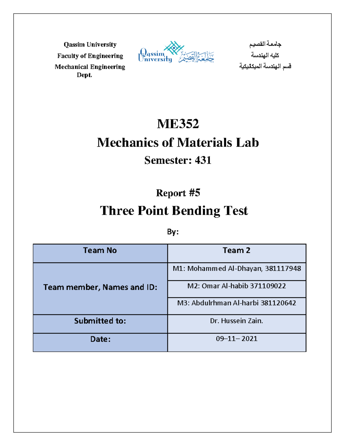 Three Point Bending Test Report - ME 431 - Experiment #5 - Studocu