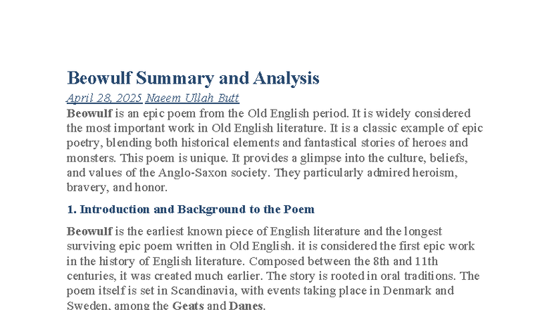 Beowulf (ENG 101) Summary & Analysis: Heroism & Legacy - Studocu