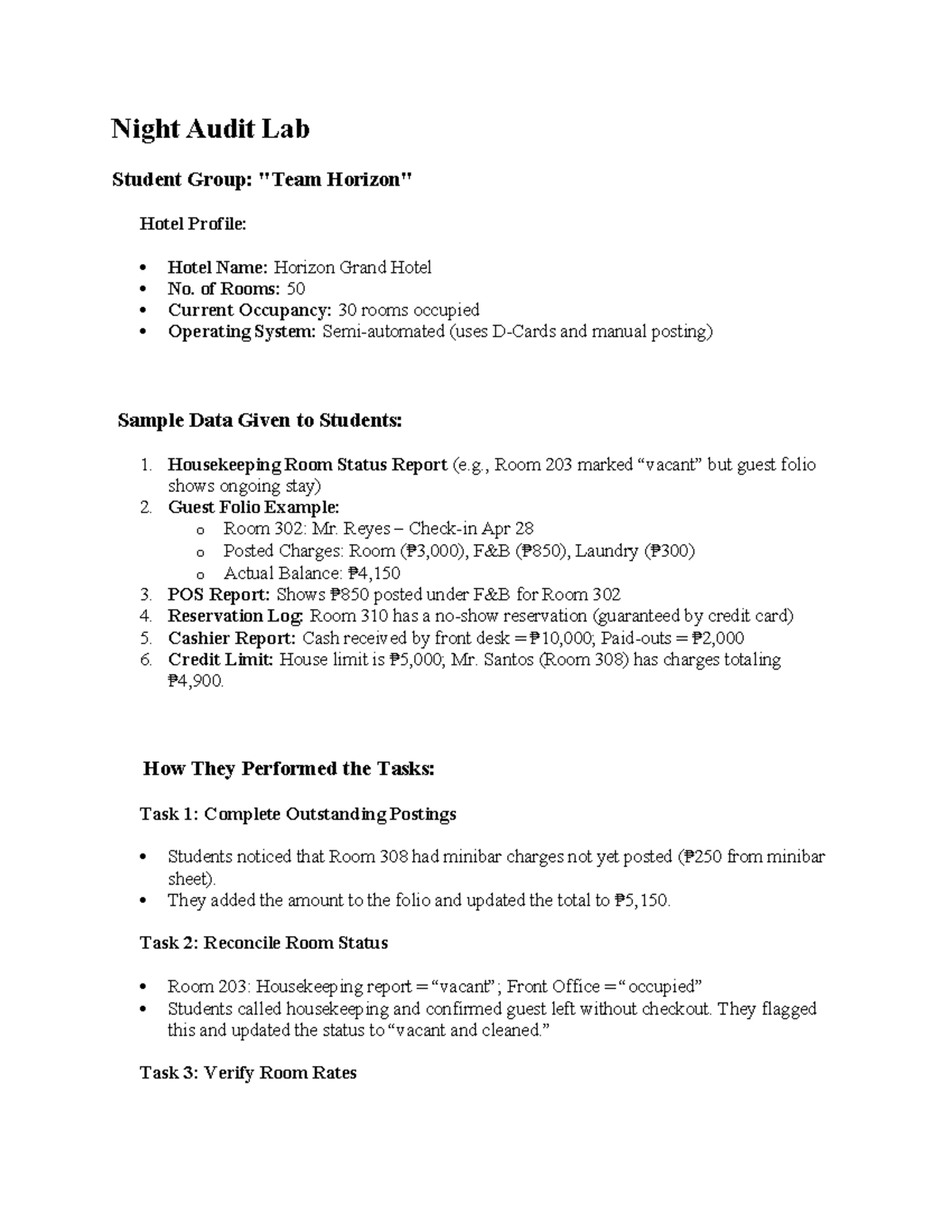 Night Audit Lab Exercise for Front Office - Course Code: HA101 - Studocu