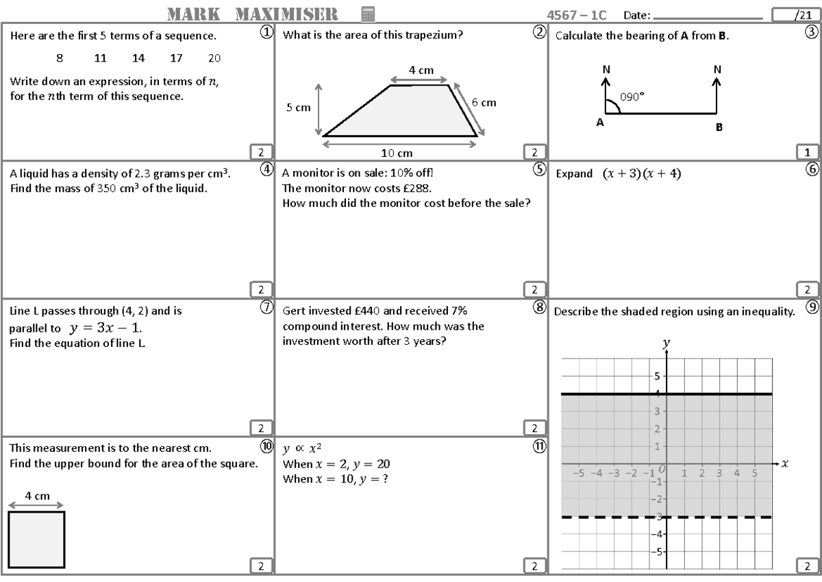 MARK MAXIMISER 4567-1C: Area, Sequences & Equations Exam Prep - Studocu