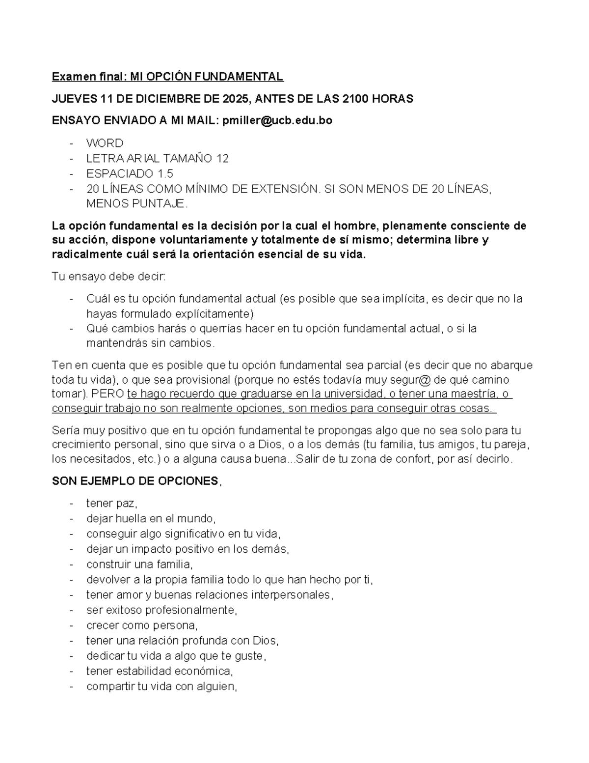 Examen Final: Opción Fundamental y Reflexiones Personales - Studocu