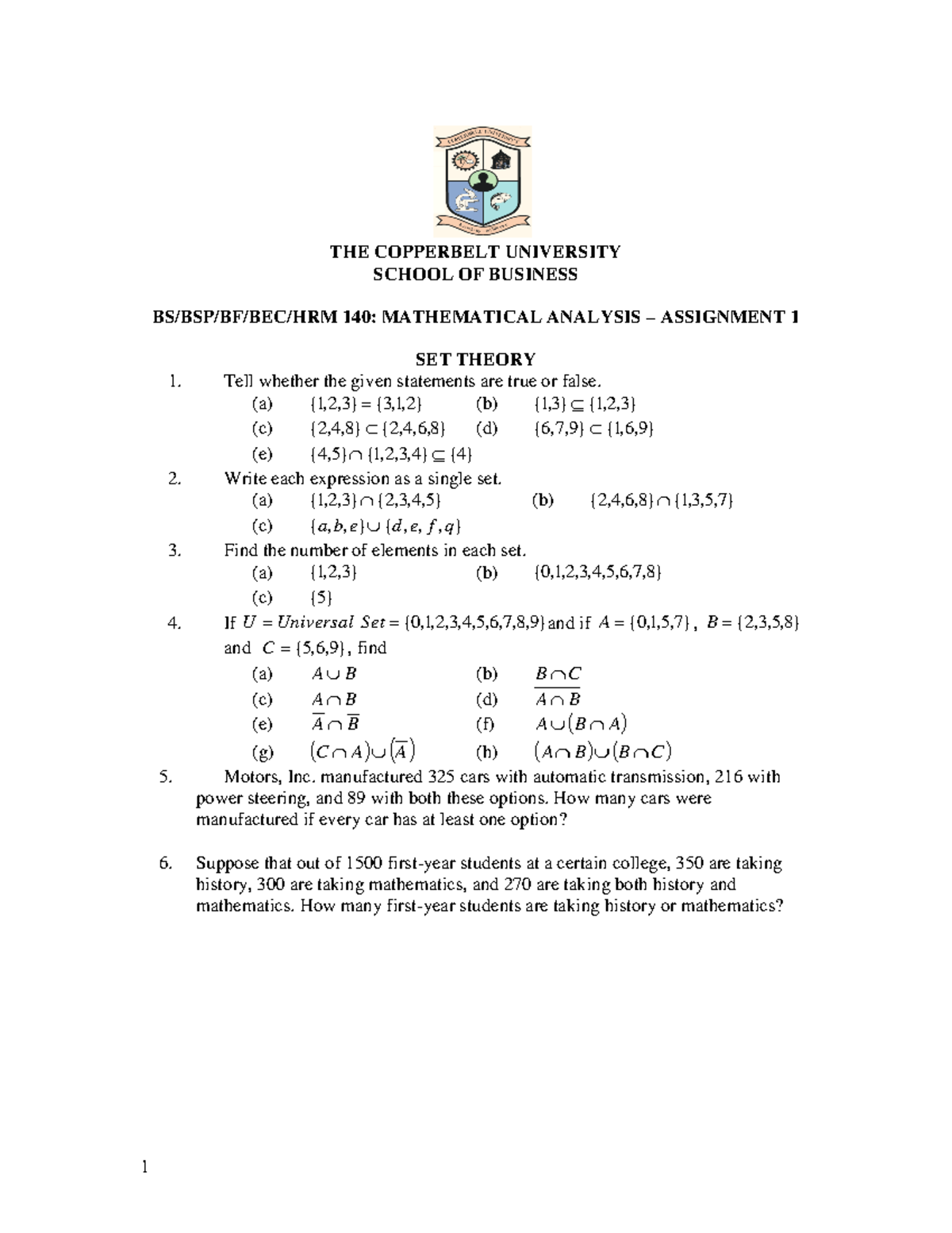 140: MATHEMATICAL ANALYSIS ASSIGNMENT TUTORIAL SHEETS - Studocu