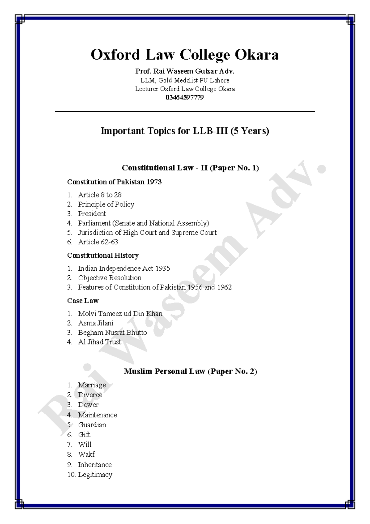 Important Topics for LLB 3: Constitutional Law II & More by Rai Waseem ...
