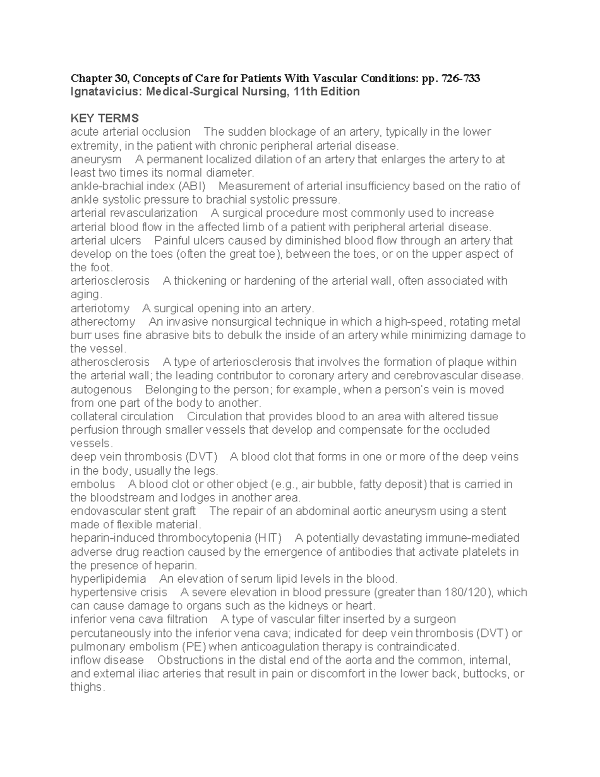 Chapter 30: Key Terms and Concepts in Vascular Patient Care (Nursing ...
