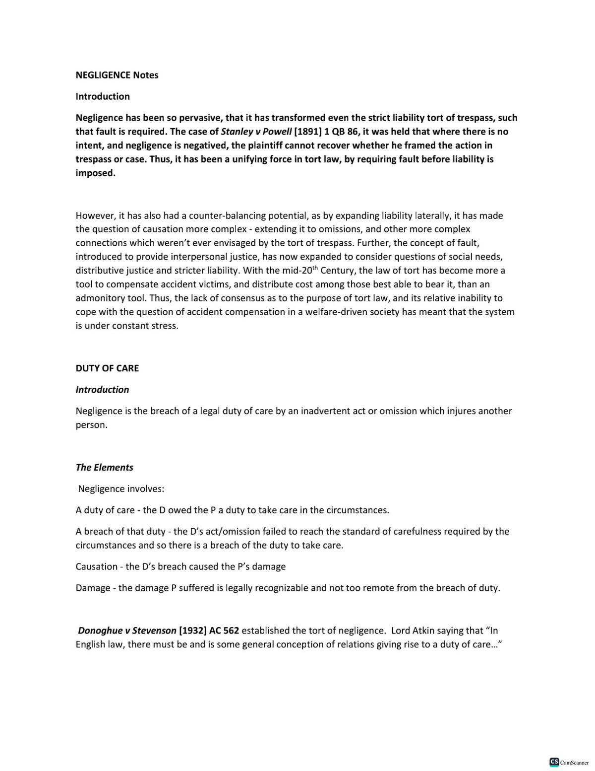 Negligence Law Overview: Key Concepts and Case Summaries - Studocu