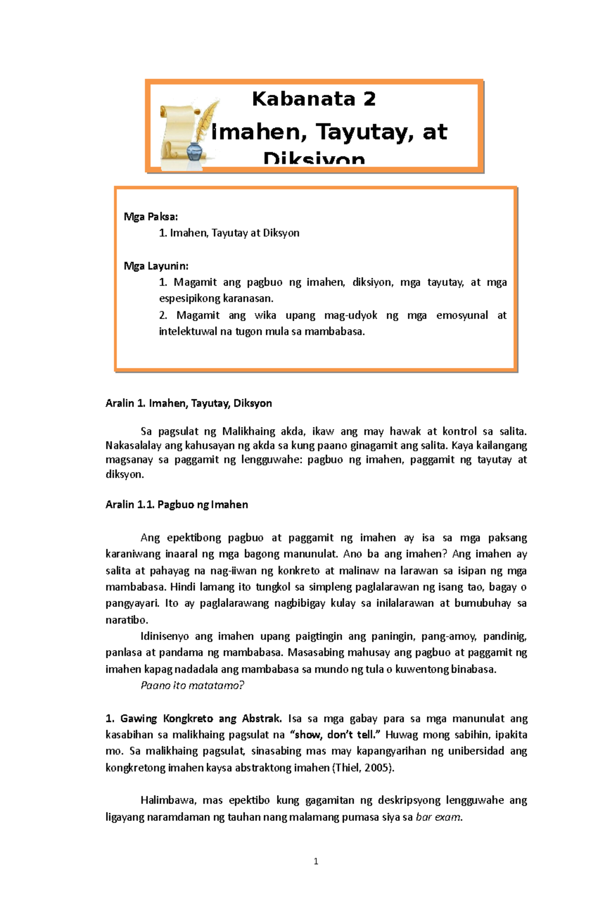 Malikhaing Pagsulat: Kabanata 2 - Imahen, Tayutay at Diksyon - Studocu