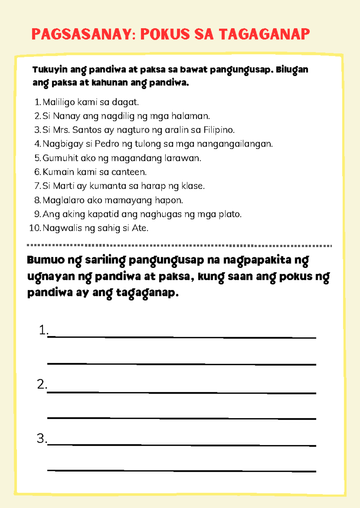Pagsasanay sa Pokus ng Pandiwa: Tagaganap, Tagatanggap, Layon, at ...