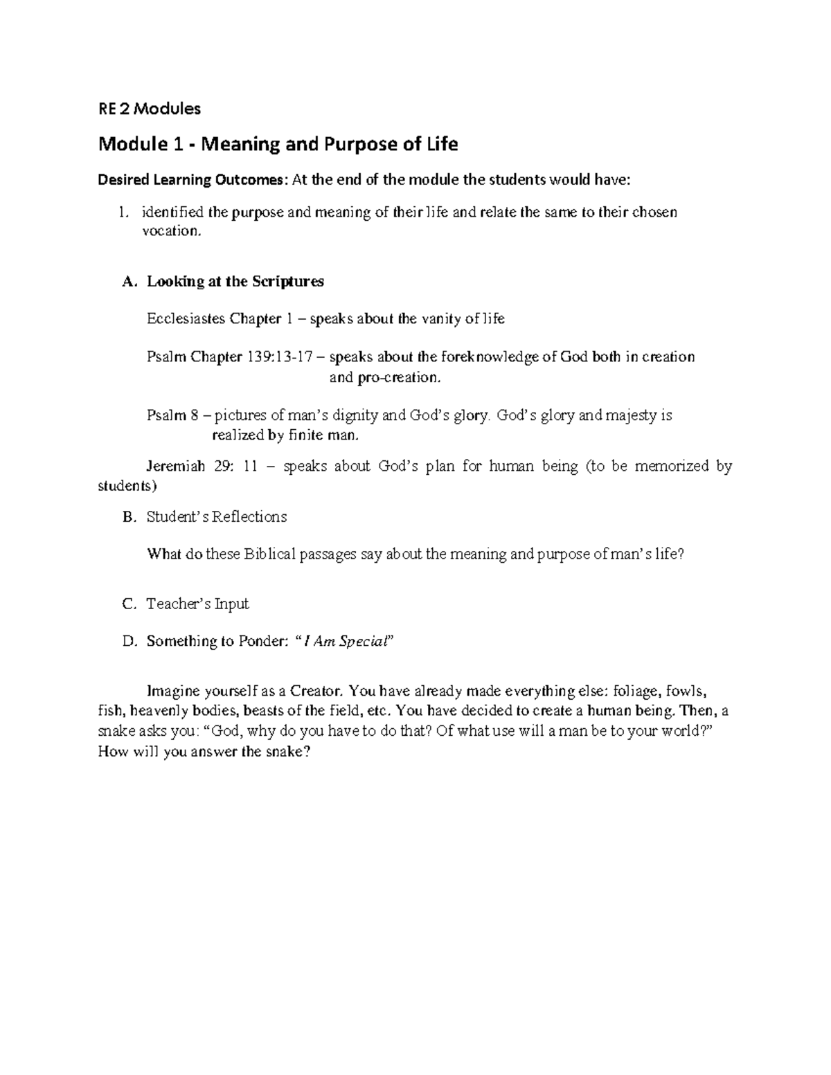 RE 2 Module 1: Exploring the Meaning and Purpose of Life - Studocu