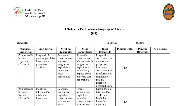 Rubrica de Evaluación Final Lenguaje 6B PIE - Josselin Lazcano P. - Studocu