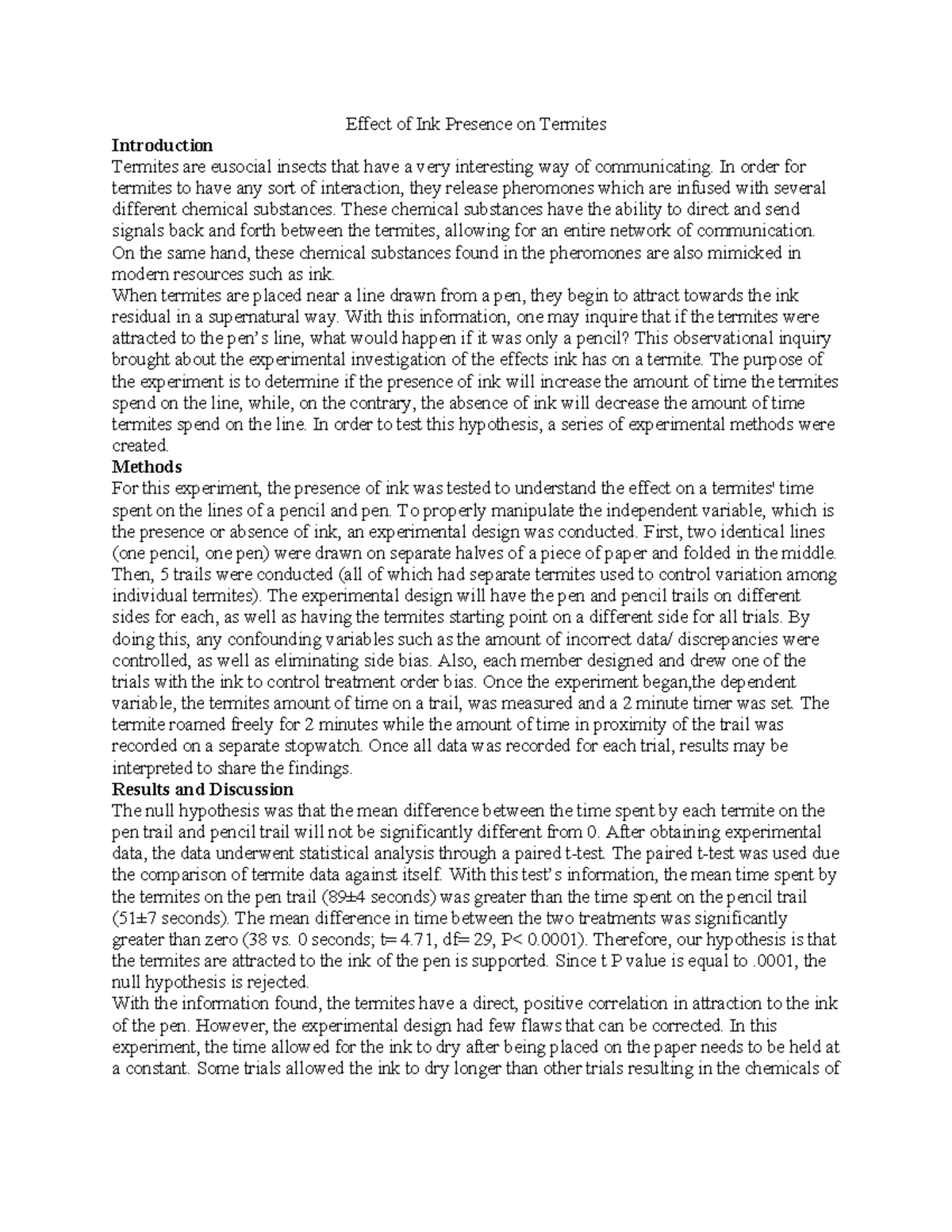 Termite Experiment Report: Impact of Ink on Behavior - Studocu
