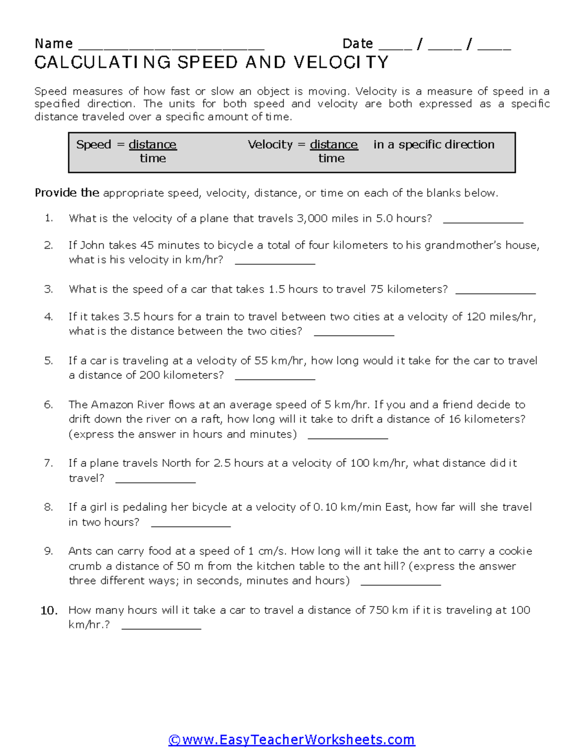 Worksheet: Calculating Speed & Velocity - Physics Essentials - Studocu