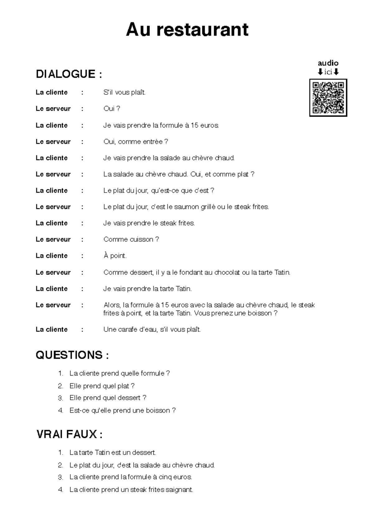 Dialogue au Restaurant: Commande et Vocabulaire - Studocu