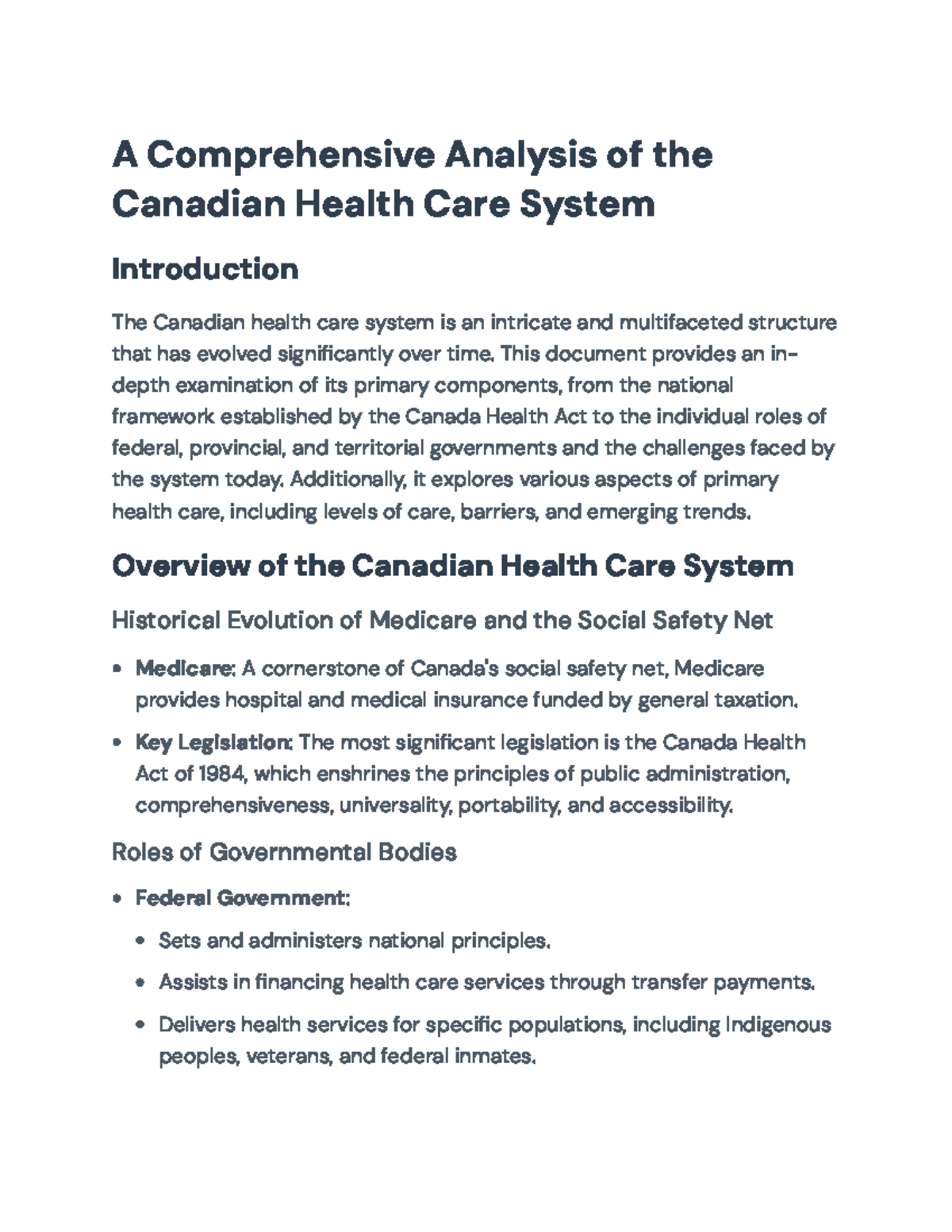 Analysis of the Canadian Health Care System: Key Components ...
