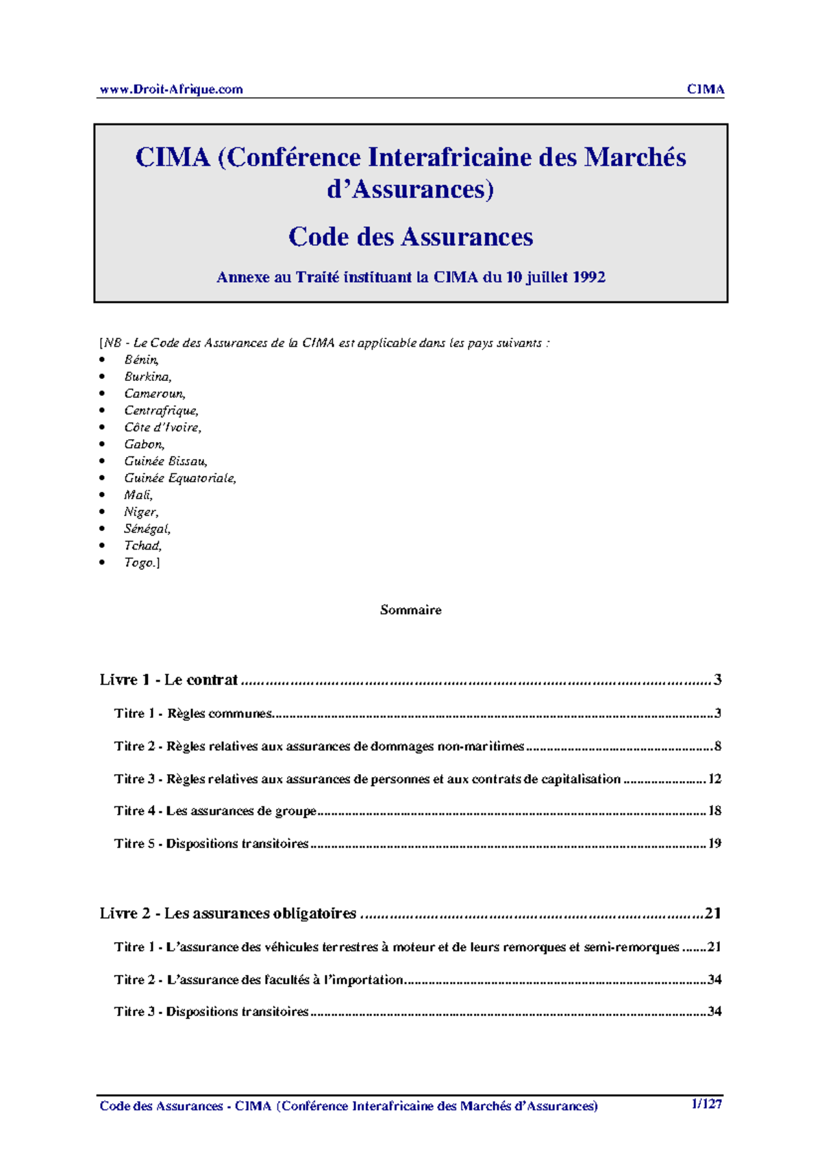 Code des Assurances - CIMA et Régulations (1992) - Studocu