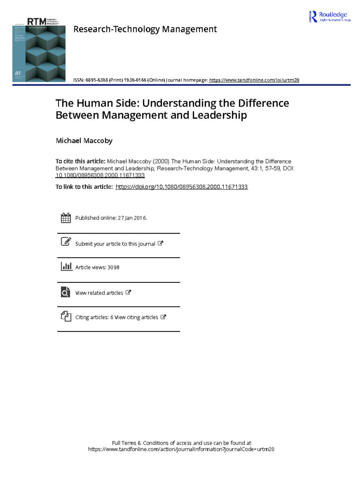 MGT 2000: Exploring Management and Leadership Differences by Maccoby ...