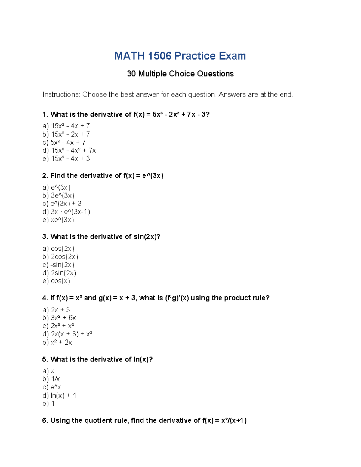 MATH 1506 Practice Exam: 30 Multiple Choice Questions - Studocu