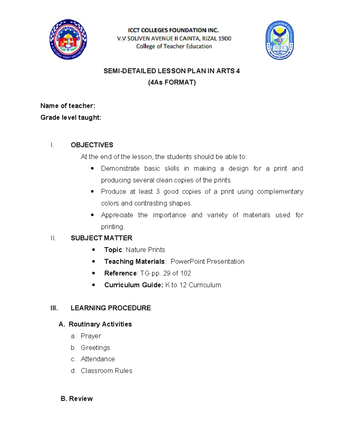 Nature Prints Lesson Plan - Arts 4 - Studocu