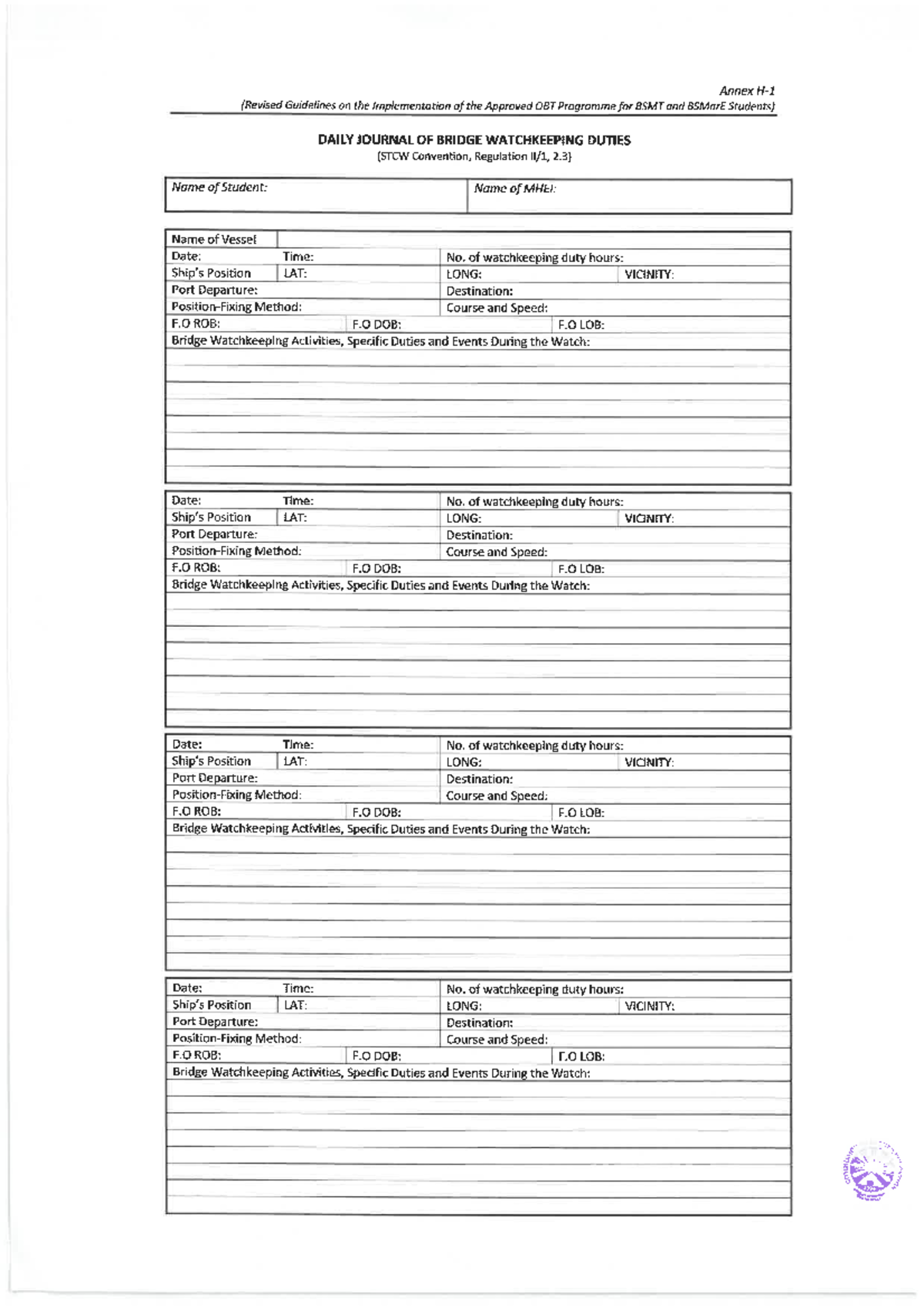 BMST 01 Daily Journal of Bridge Watchkeeping Duties (OBT Program) - Studocu