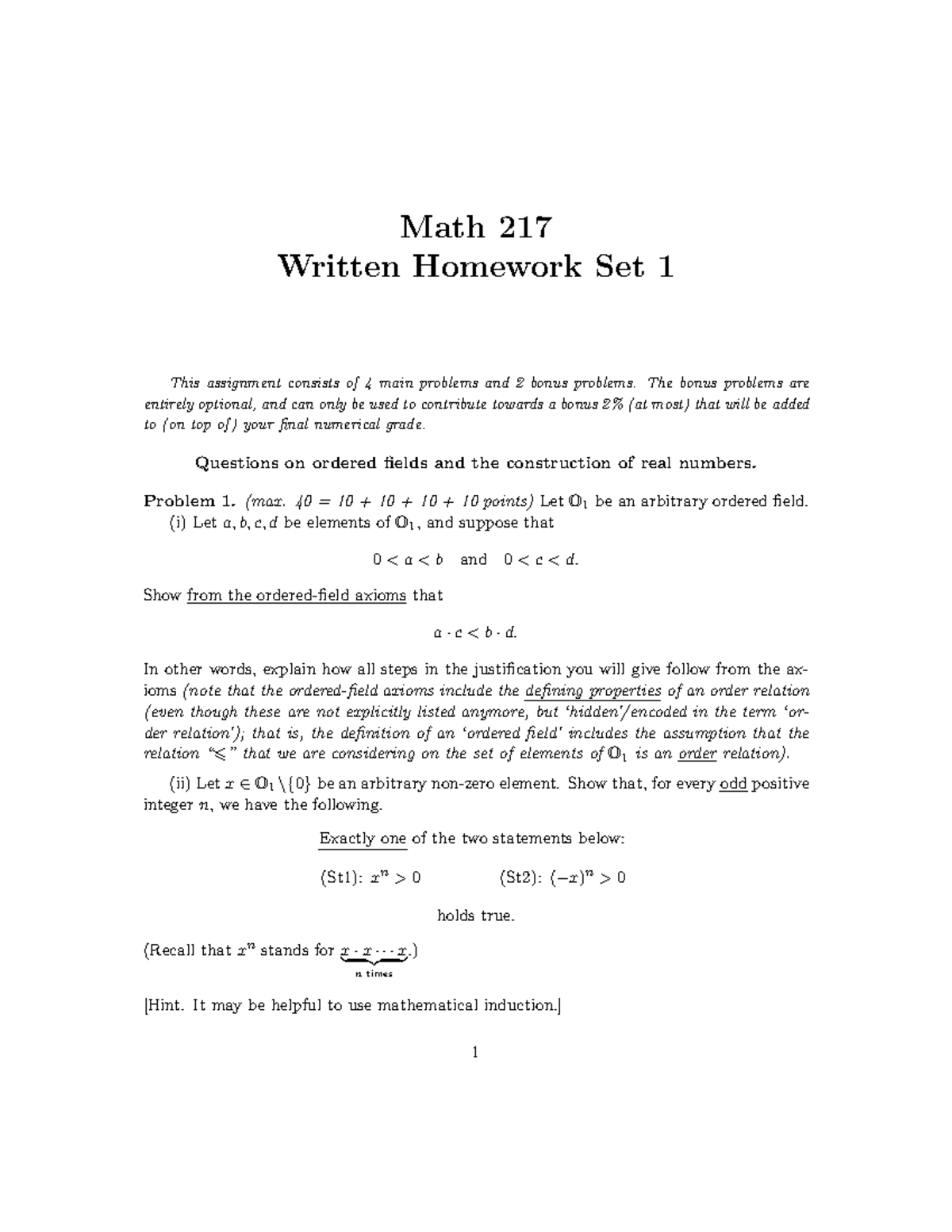 Fall 2025 MATH 217 Written Homework Set 1: Ordered Fields & Real ...