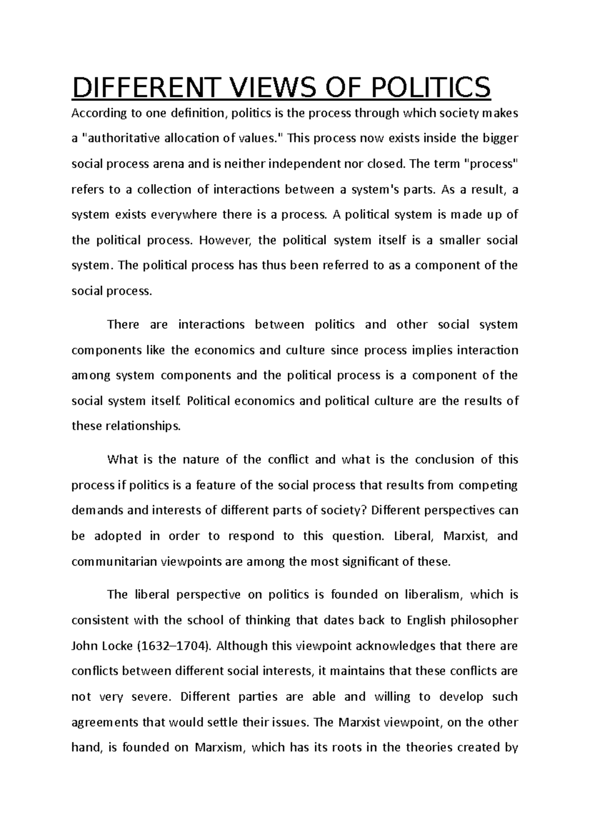 Different Perspectives on Politics: Liberal, Marxist, and Communitarian ...