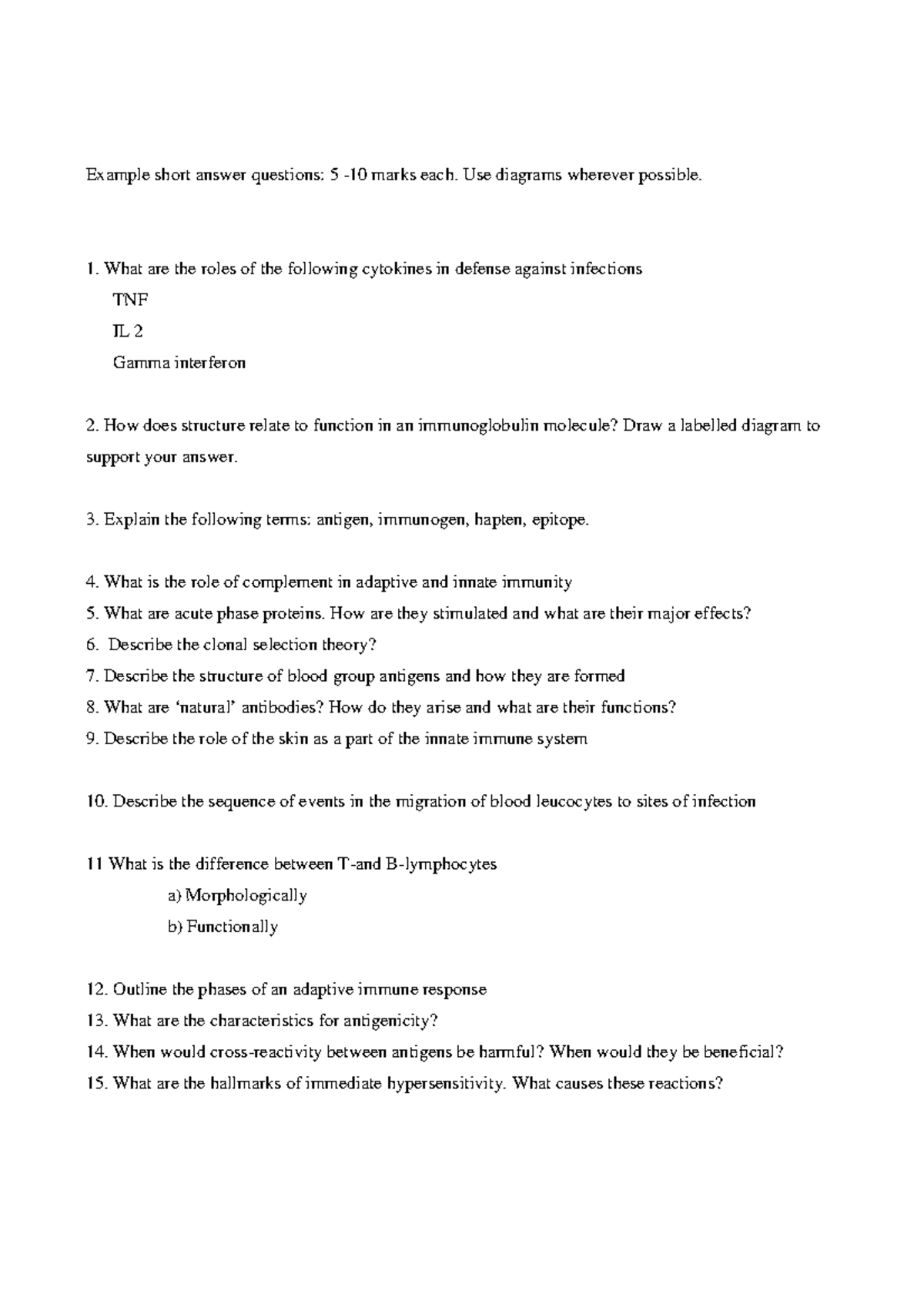 Sample Practice Exam 2015: Immune System Short & Long Answer Questions ...