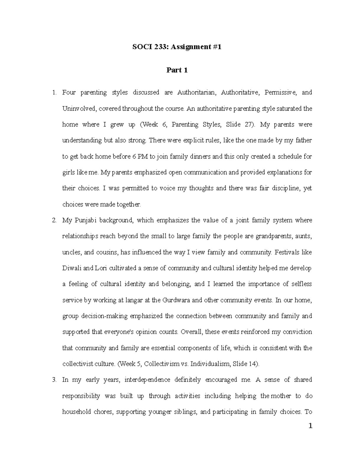 SOCI 233: Insights on Parenting and Cultural Influence - Assignment 1 - Studocu