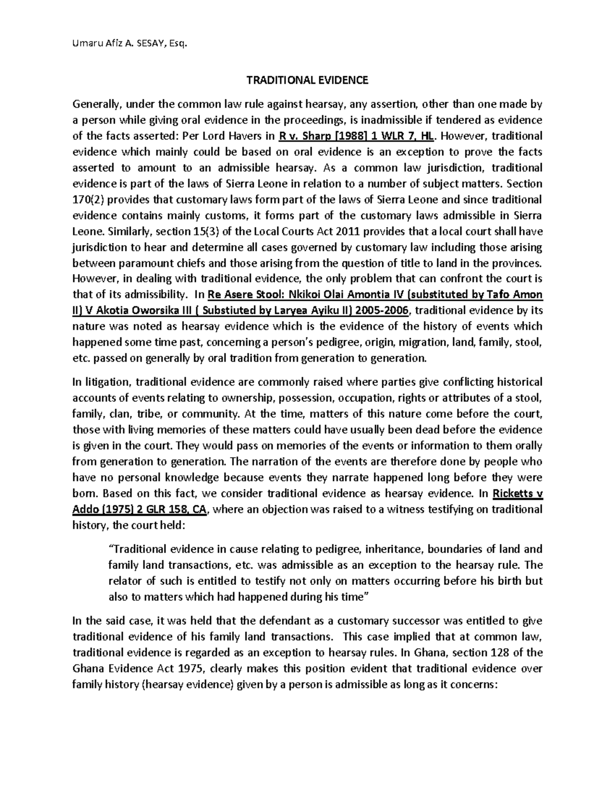 Traditional Evidence in Hearsay: Legal Insights and Case Studies - Studocu