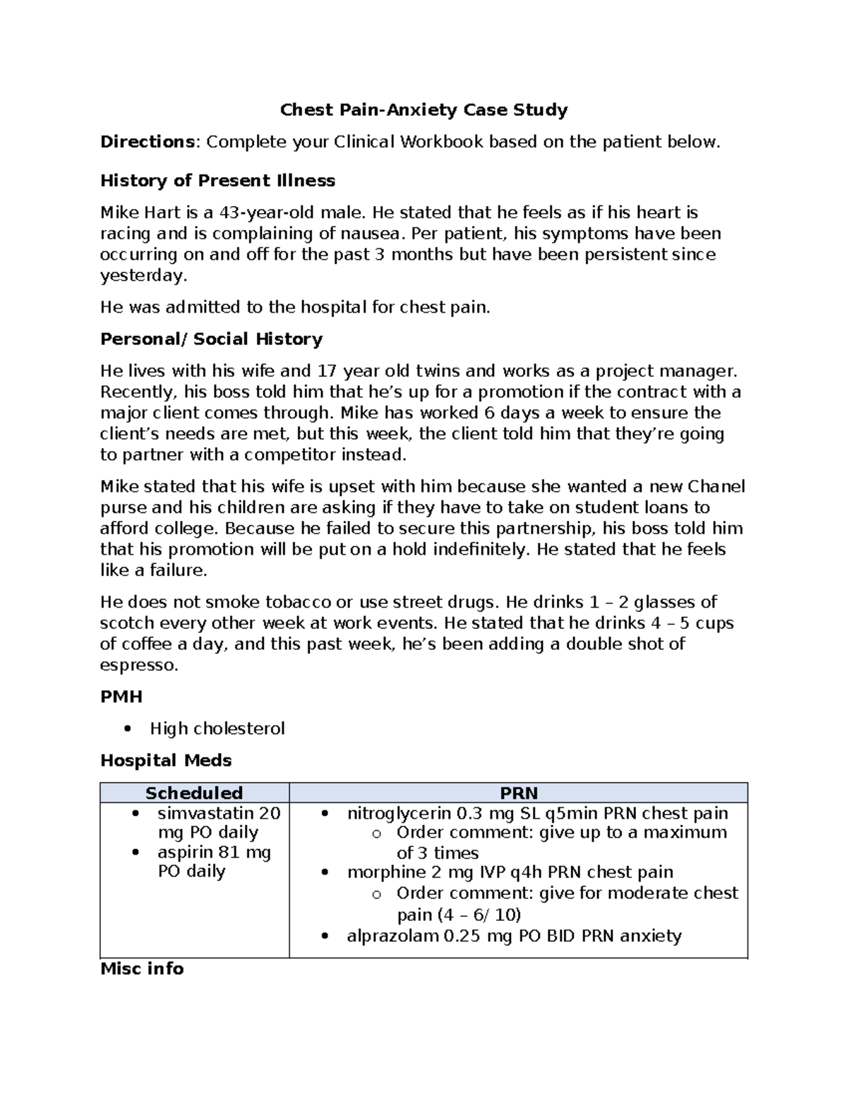 Chest Pain & Anxiety Case Study: Clinical Workbook for Patient Mike ...