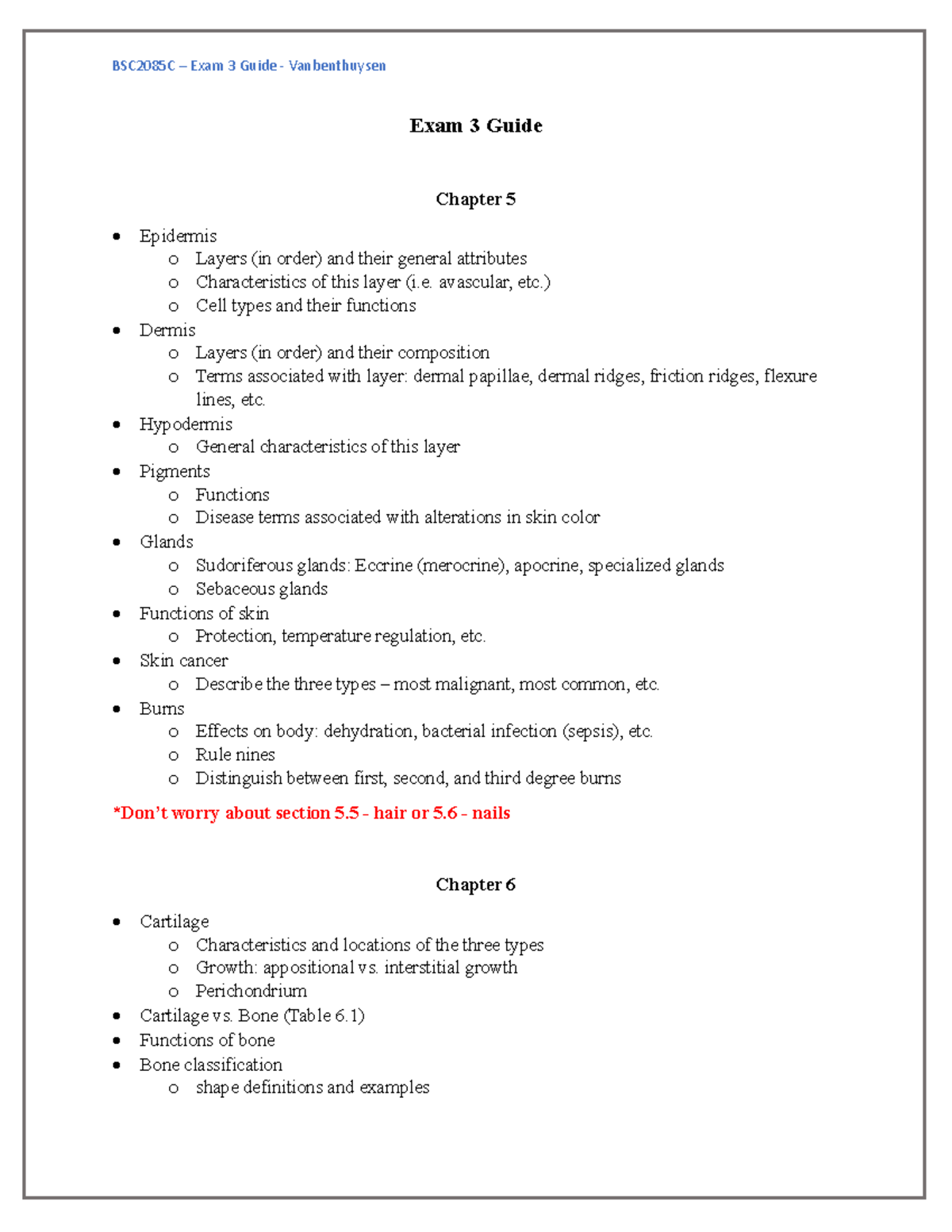 BSC2085C – Exam 3 Study Guide: Integumentary & Skeletal Systems - Studocu