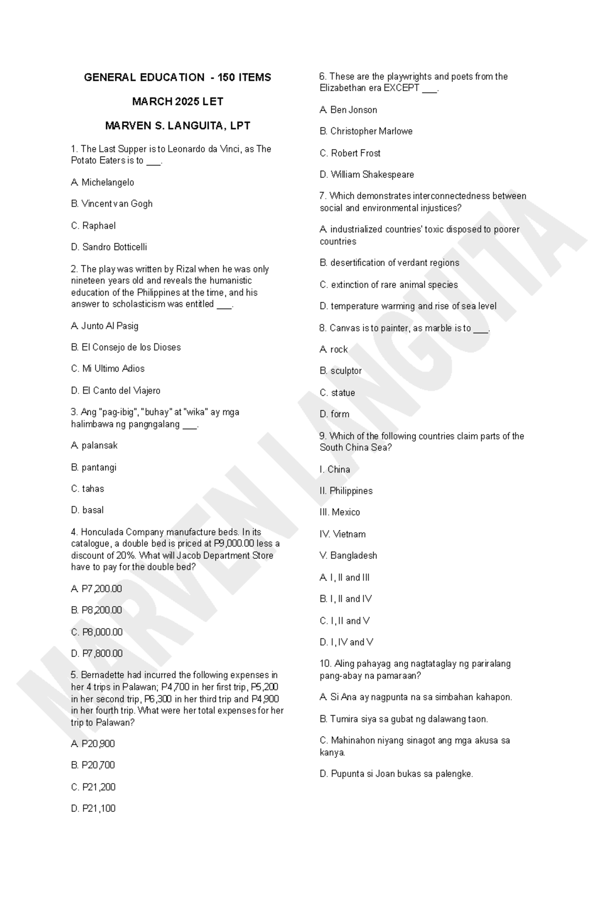 GEN ED 150 ITEMS MARCH 2025 LET REVIEW QUESTIONS BY MARVEN S. LANGUITA ...
