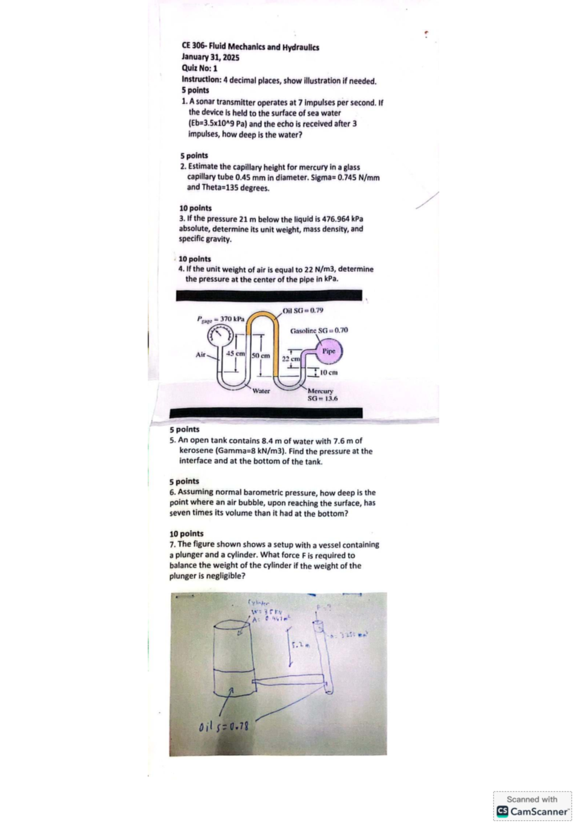CE Fluid Mechanics and Hydraulics Quiz No: 1 & 2 Solutions - Studocu