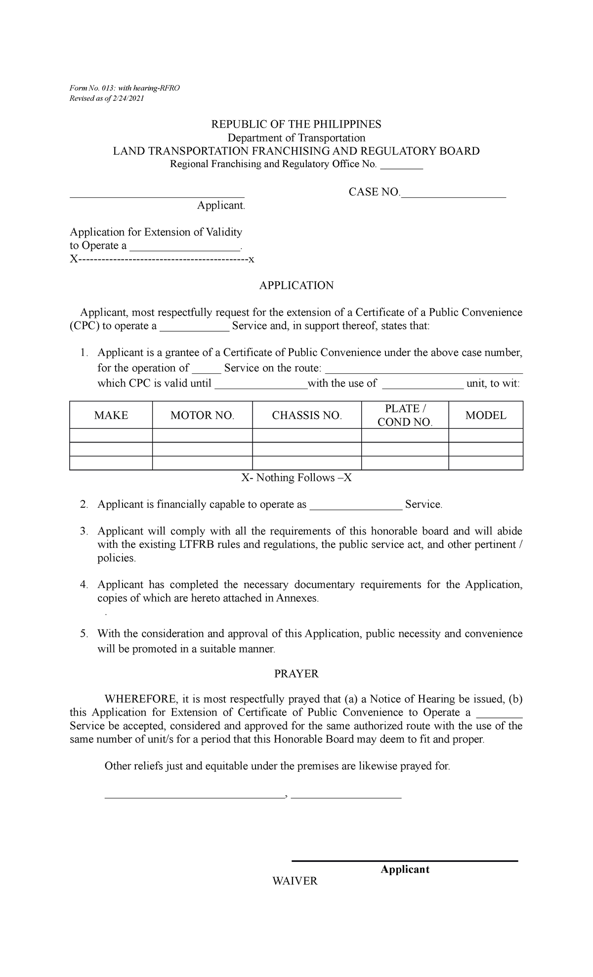 Rfro application extension of validity - Form No. 013: with hearing ...