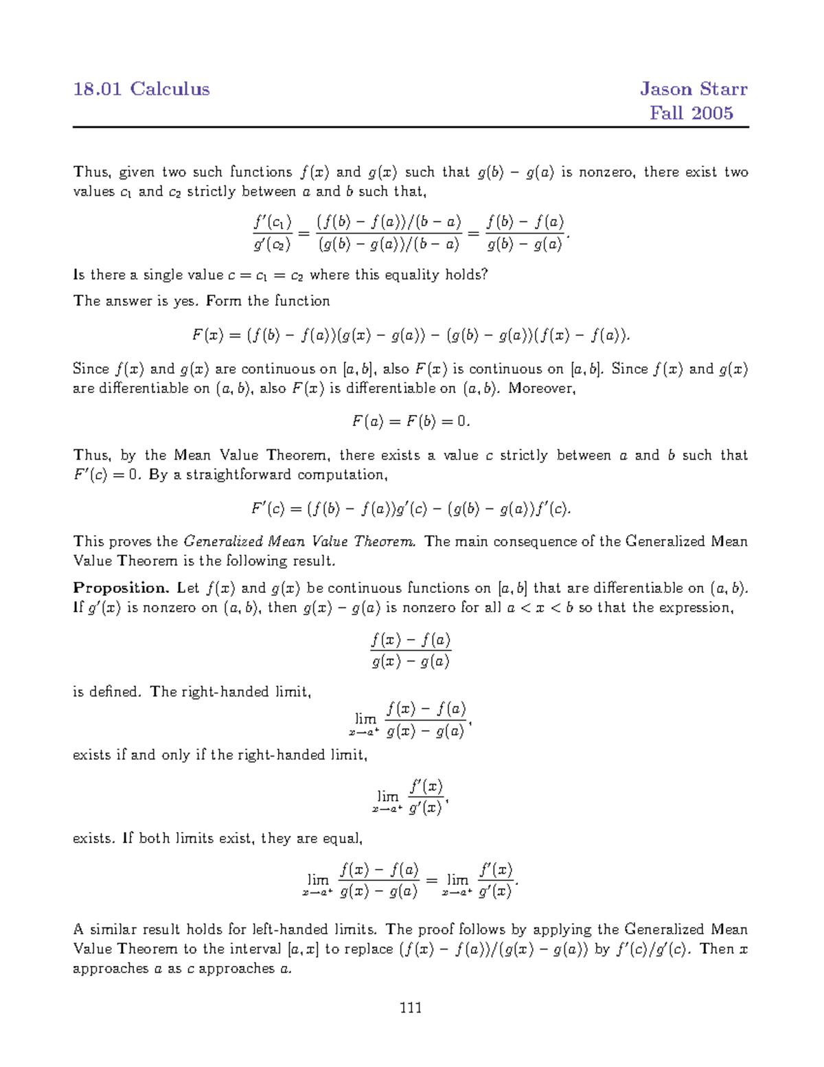 18.01 Calculus: Generalized Mean Value Theorem Explained - Studocu