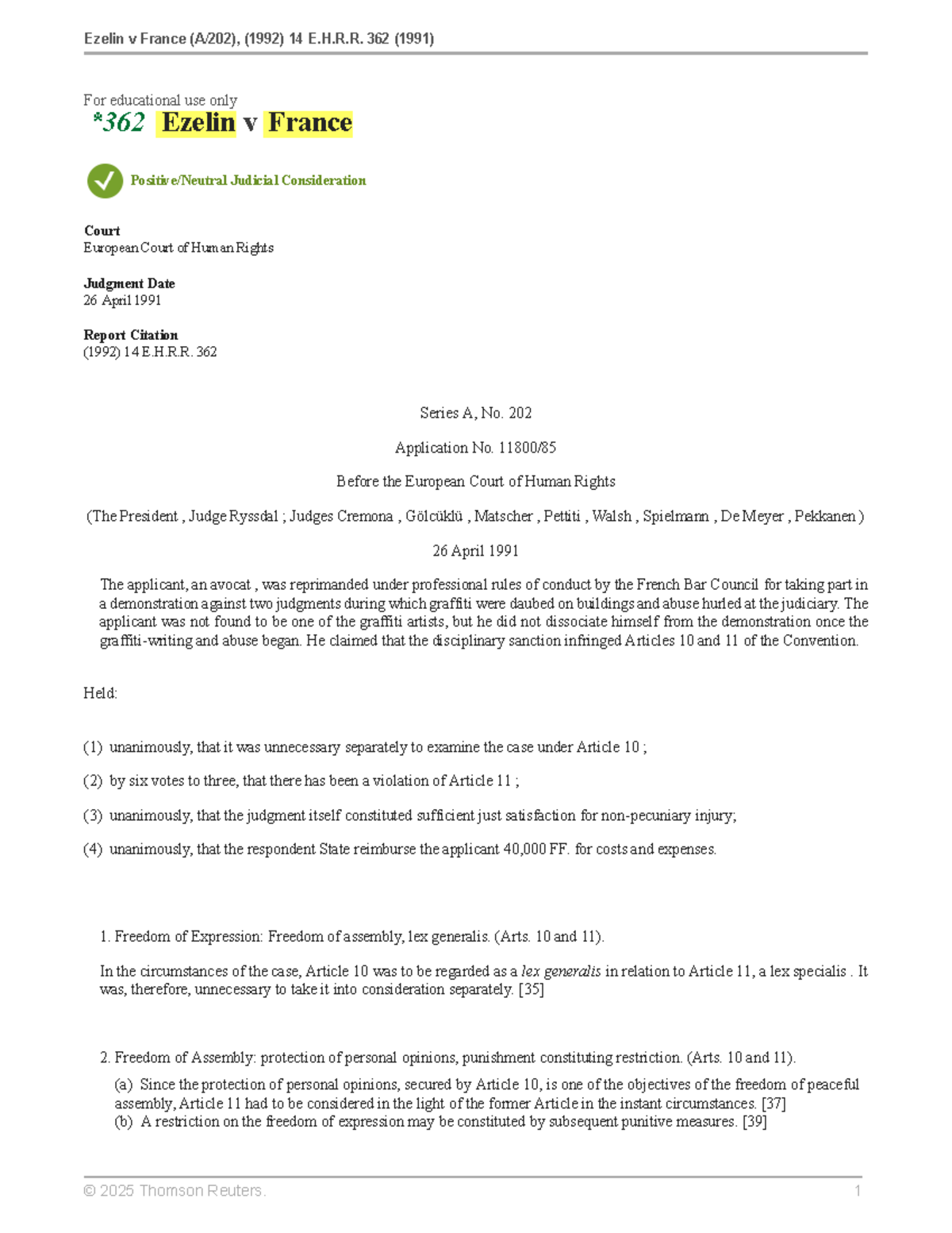 Ezelin v France (1992) 14 E.H.R.R. 362: Analysis of Judicial Conduct ...
