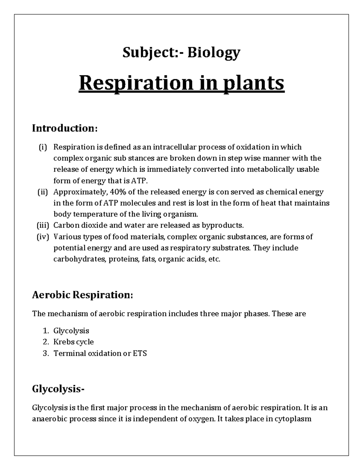 Biology 101 - Detailed Lecture Notes on Plant Respiration Concepts ...