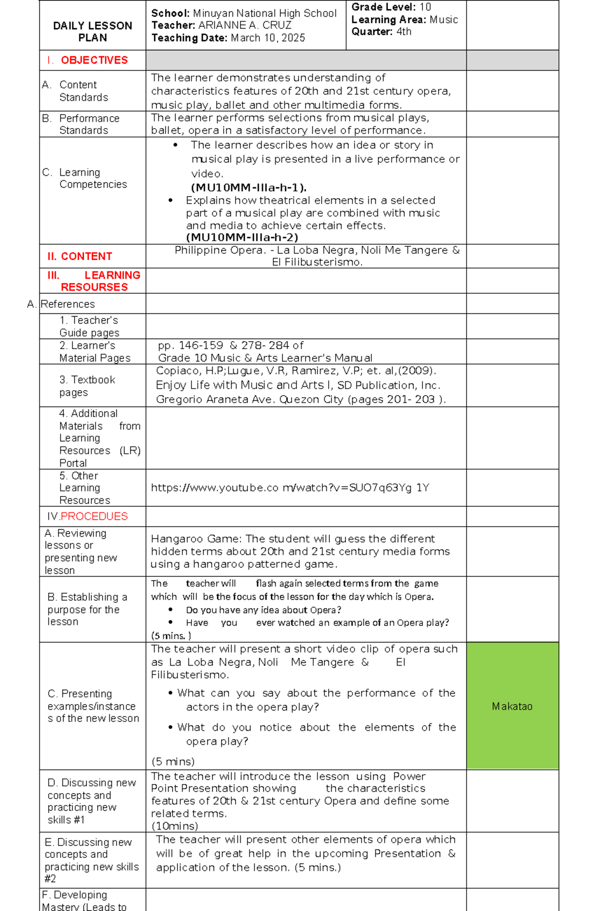10th Grade Music Daily Lesson Plan - Understanding Opera (MU10MM-III ...