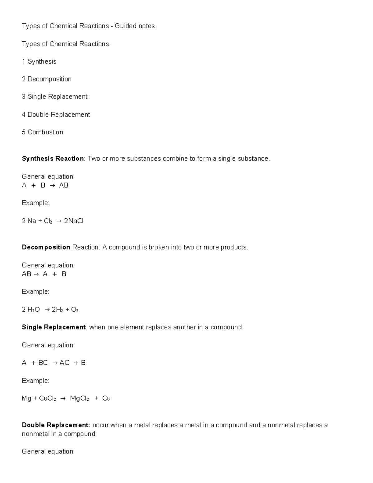 Types of Chemical Reactions - Guided Notes for Chemistry 101 - Studocu