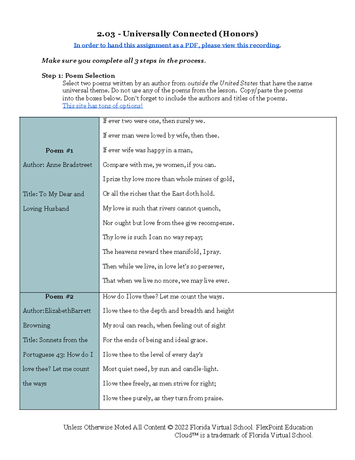 2.06 Honors Poem Analysis: Exploring Universal Love Themes - Studocu