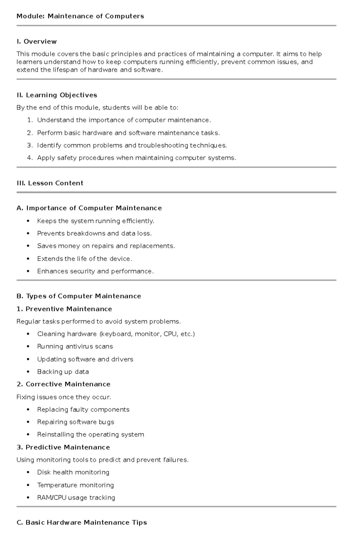 Module: Maintenance of Computers I - Key Principles and Practices - Studocu